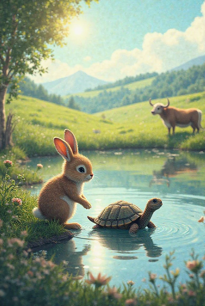 A mischievous rabbit pushes a tortoise into a lake. The tortoise falls ...
