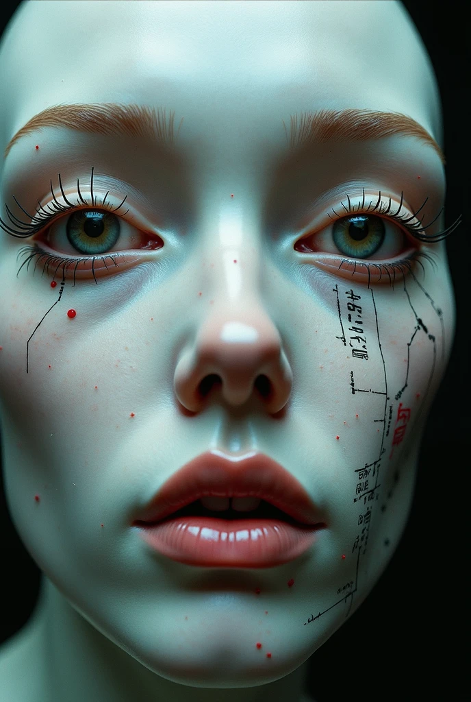 "A futuristic human face after failed plastic surgery, with twisted and ...