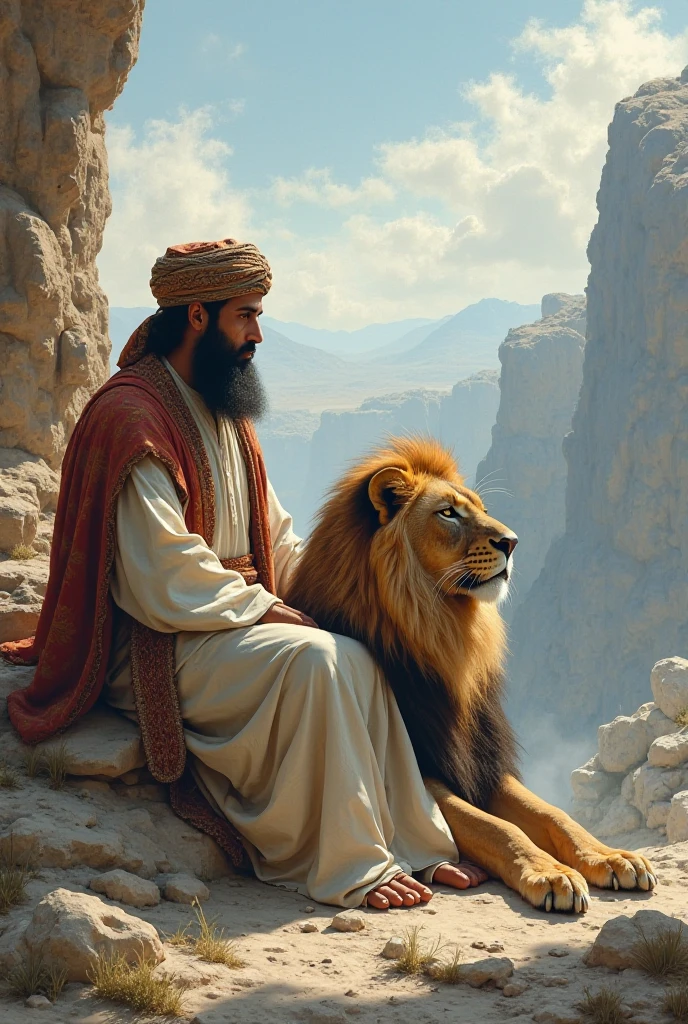 Imam ali. Sitting down on a rock along with a liom companion - SeaArt AI