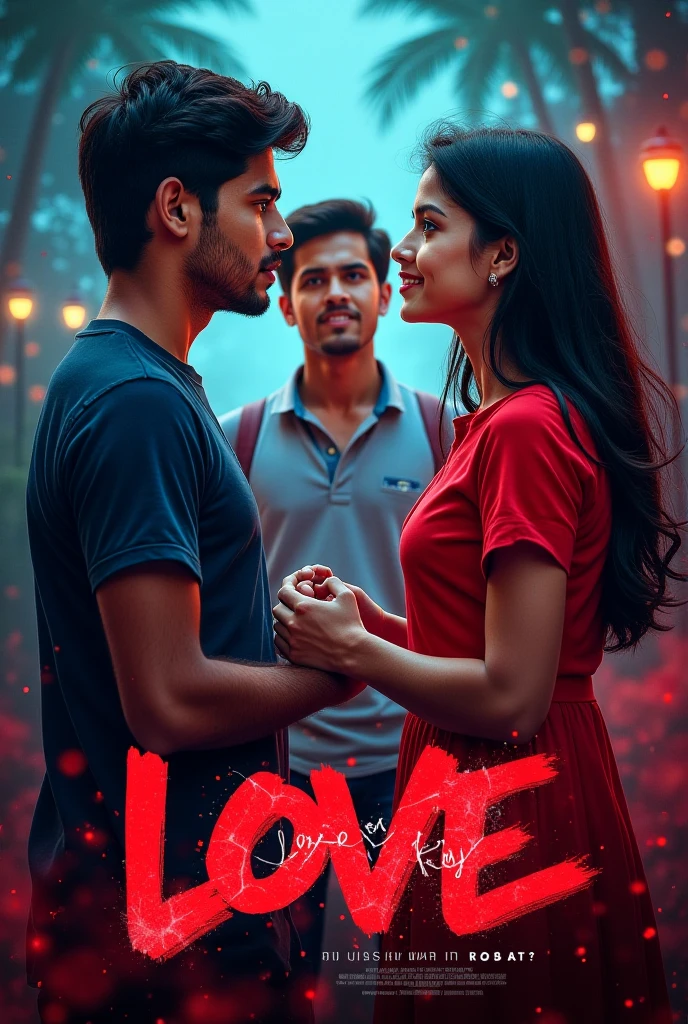 Create a visually dramatic love-triangle-themed thumbnail with a sense ...