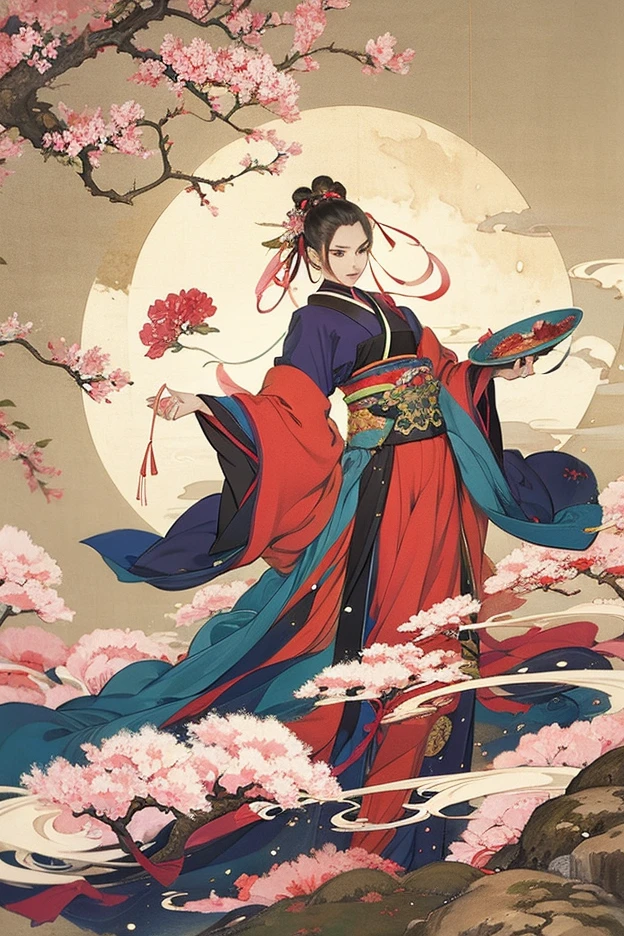 There is a painting of a moon and a tree with flowers, japanese art ...