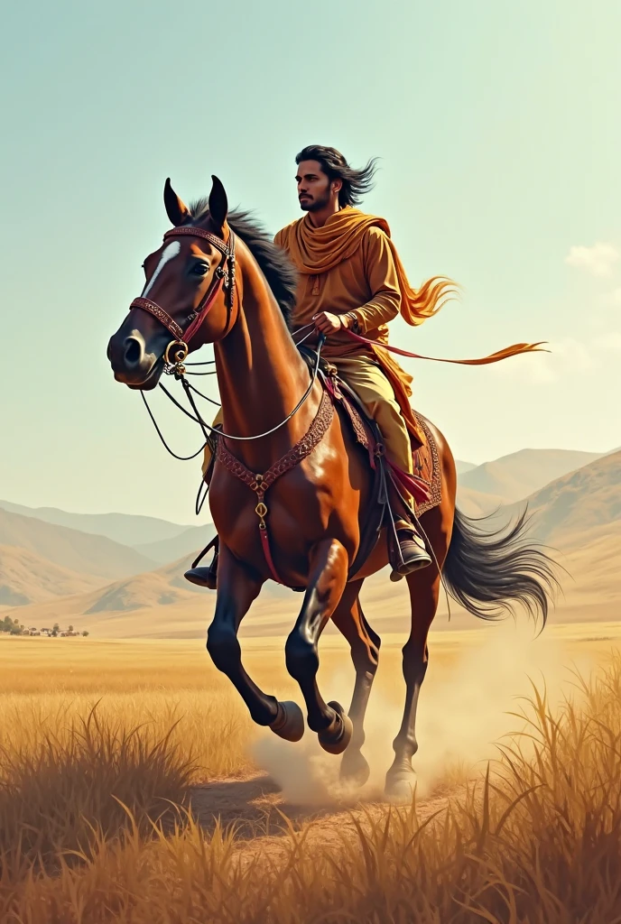 Indian marwadi horse with indian horserider in brown grass land - SeaArt AI