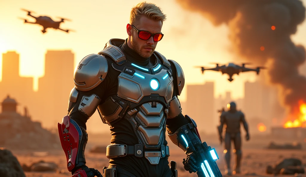 A cinematic action shot of Captain Commando, a heroic futuristic ...