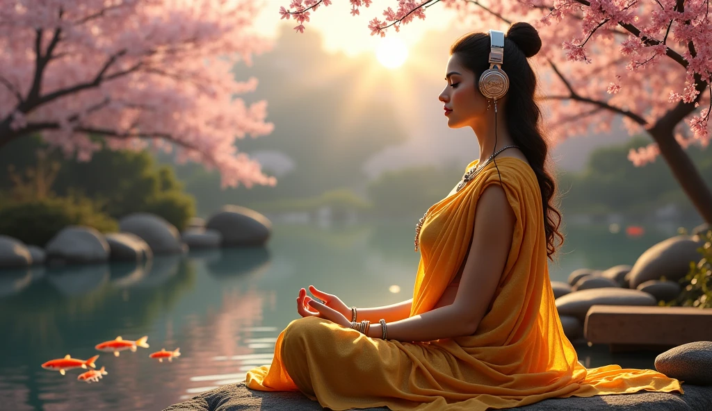 25 yo Aishwarya Rai look a like is in deep meditation in a zen garden ...