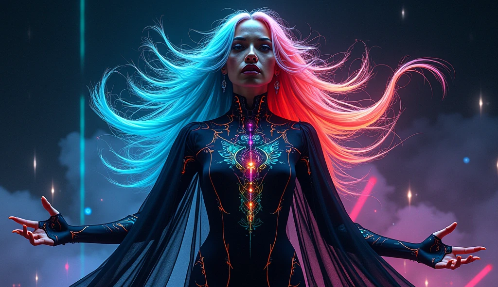 A mystical woman [centered] dressed in elegant and futuristic urban ...