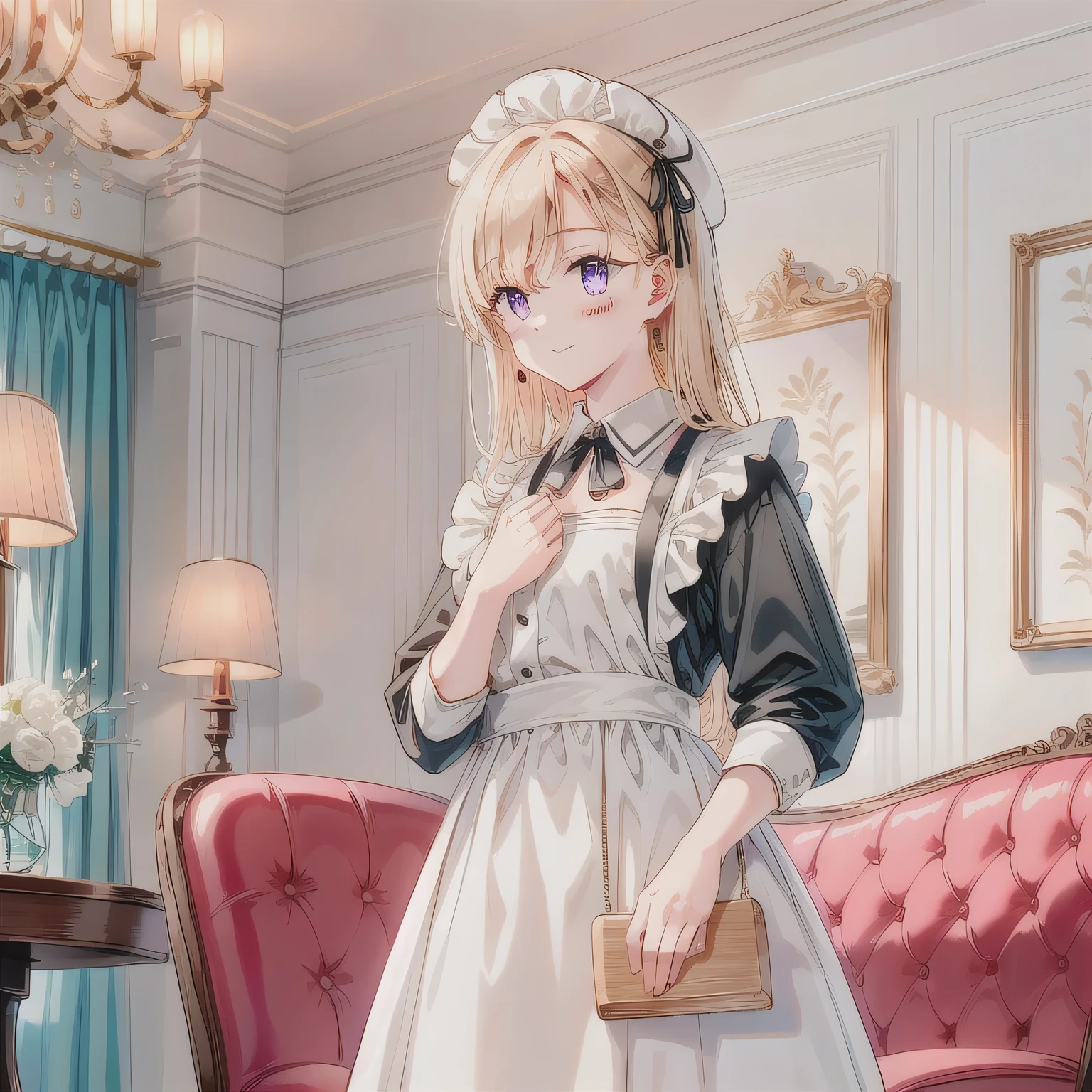 Anime girl in maid outfit standing in a room with a red chair - SeaArt AI