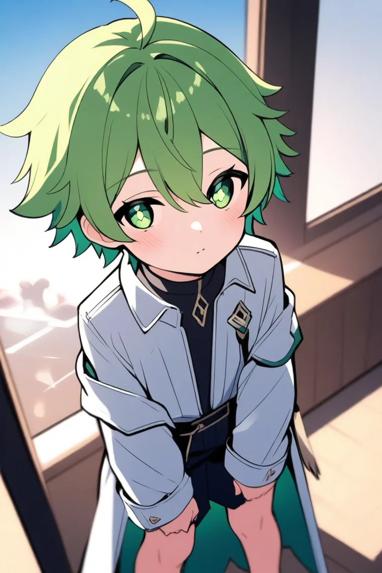 green hair、Energetic Shota、white coat、big green eyes、Vtuber - SeaArt AI
