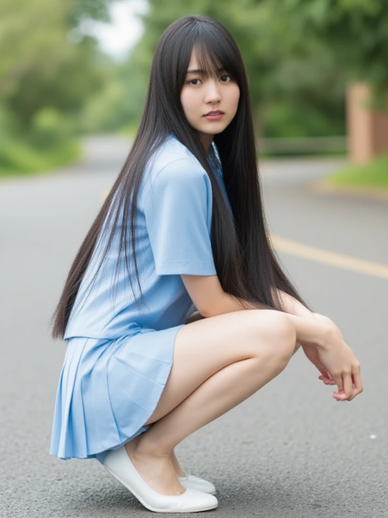 Crouch deeply by the roadside, She has long dark hair with bangs ...