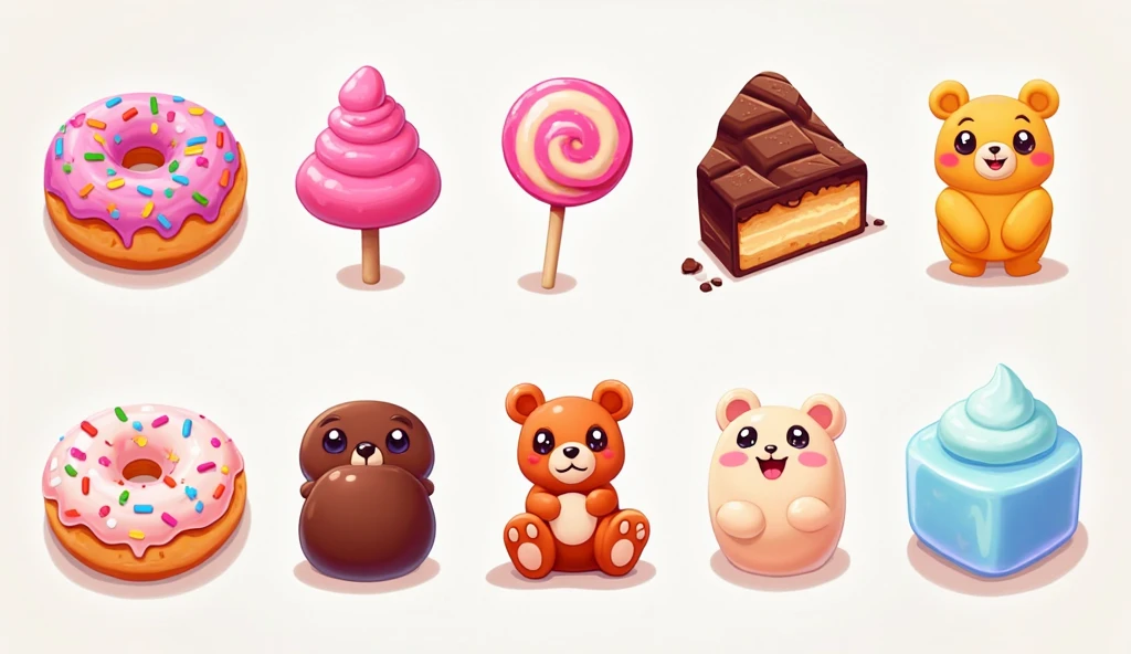 Create a series of colorful, match-3. Each element must be a revived ...