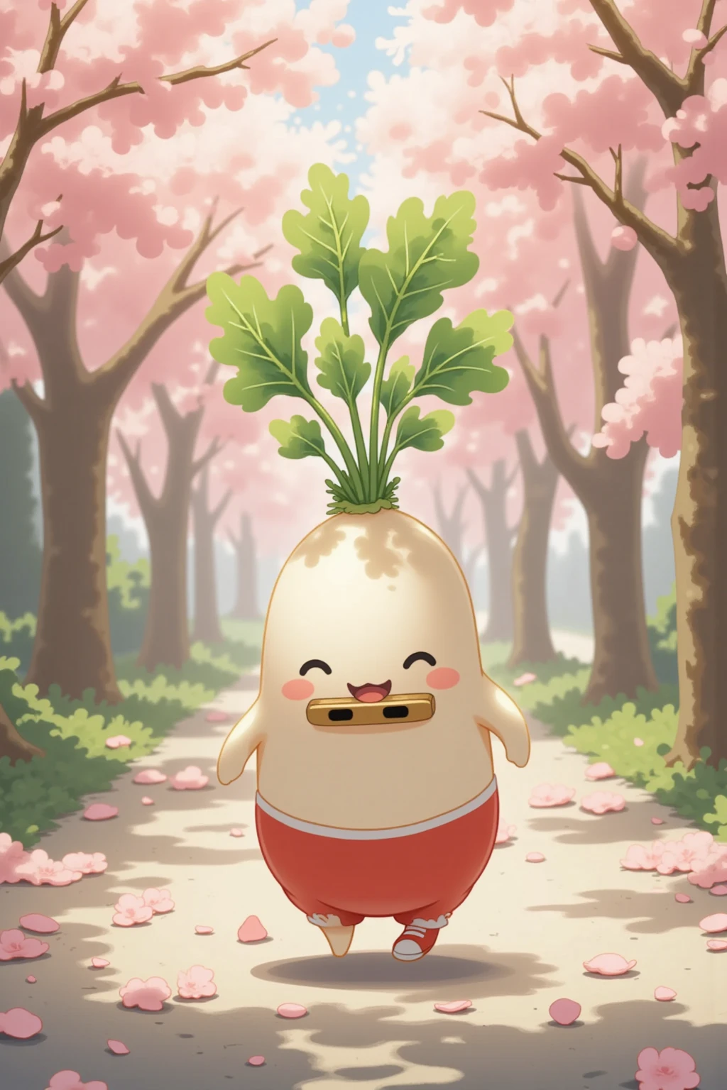 A street lined with cherry blossoms、, a plump daikon wearing bright red ...