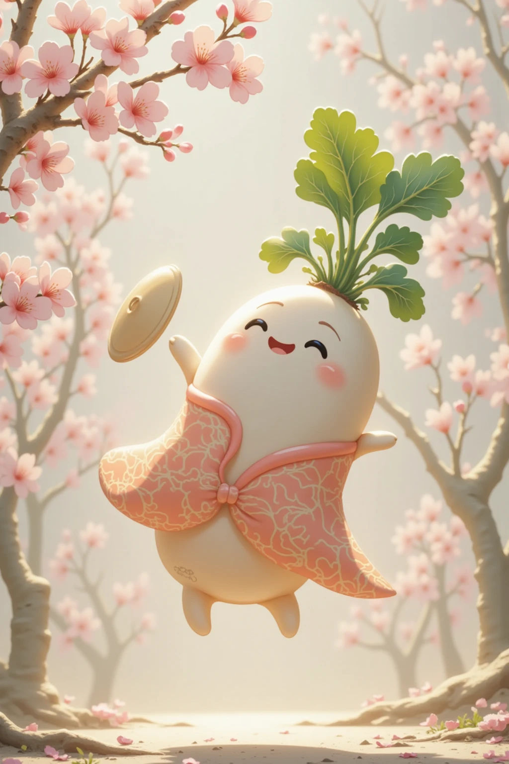 Against a beautiful background of cherry blossom trees,、A plump daikon ...