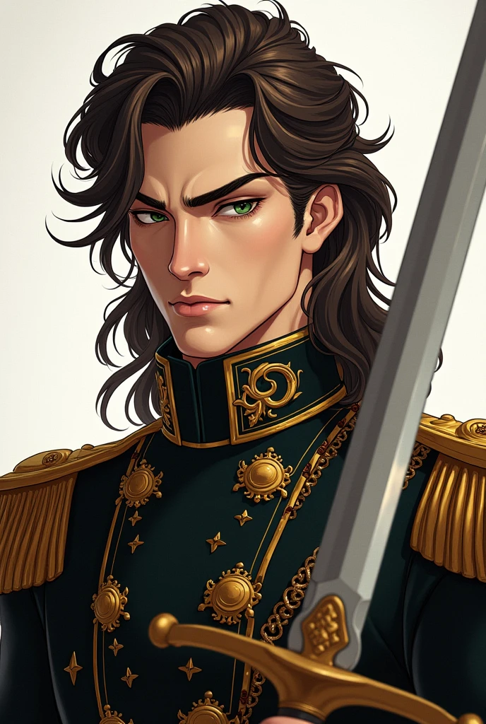 A highly detailed description of the image: A handsome man with sharp ...