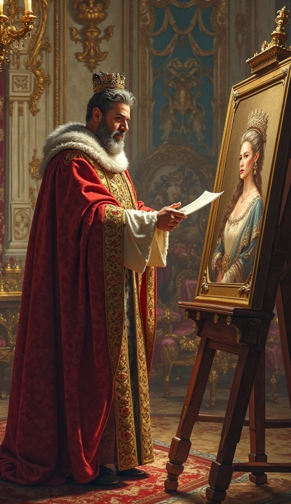 The king, confident and regal, instructing the painter. The painter ...