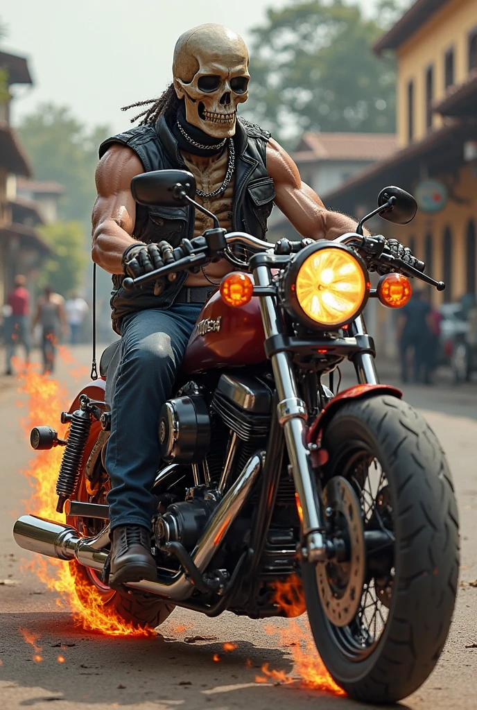 Create an image of a muscular skeleton, riding a motorcycle, com uma ...