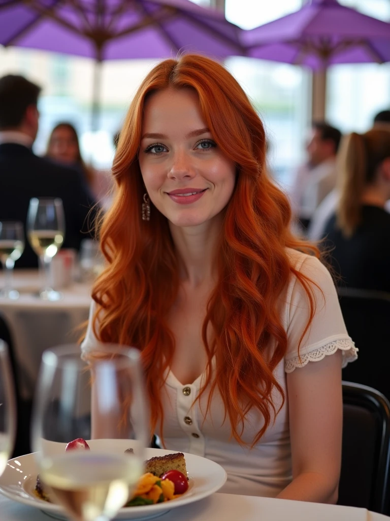 "A beautiful red-haired woman with long wavy hair is at a chic ...