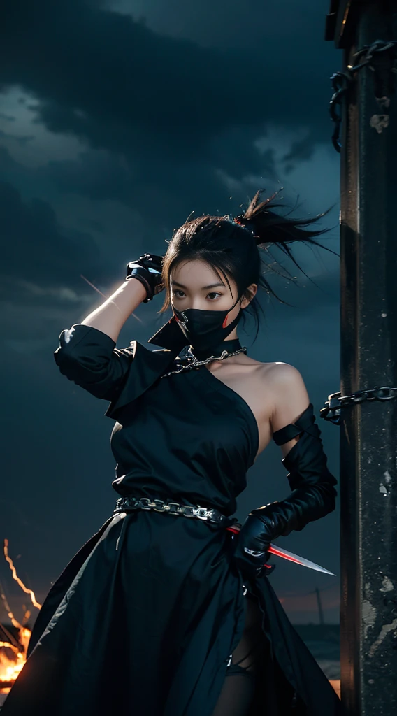 female ninja with chains wrapped around ninja clothes, Upper body ...