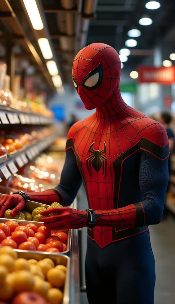 Elegantly dressed Spider-Man, helping customers choose food at the ...