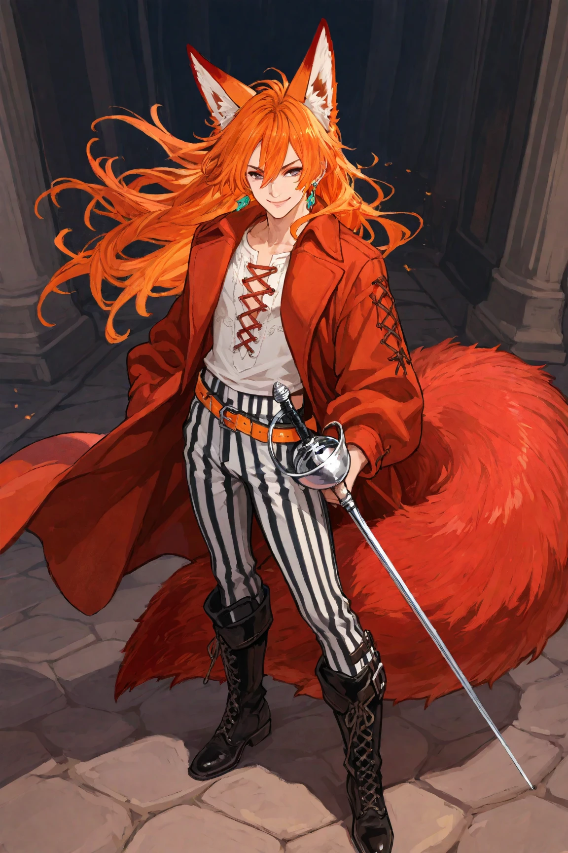 Catfolk kitsune hybrid, human face, big fox ears, male, long fluffy ...