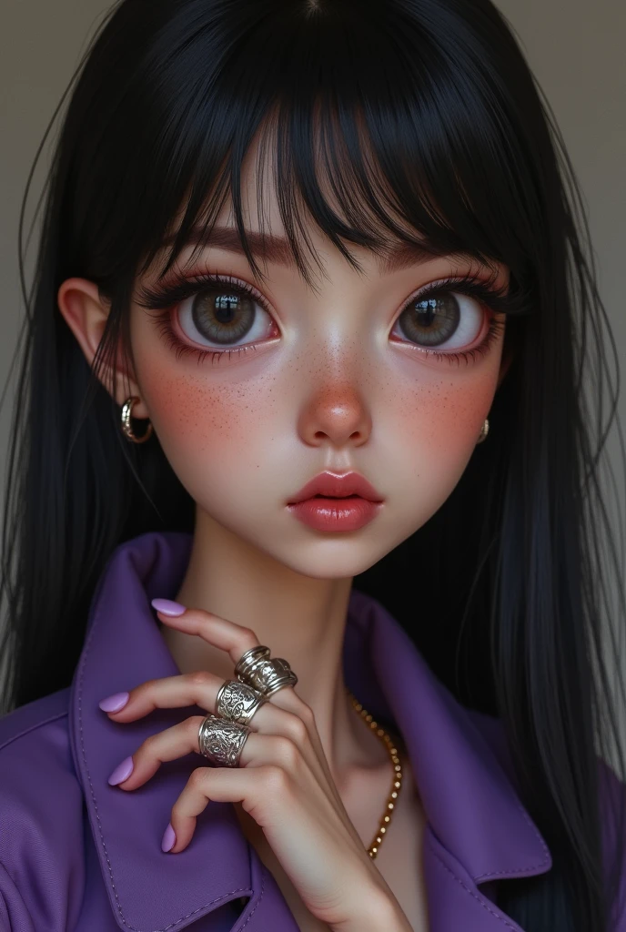 , light eyelashes , with freckles, with silver rings on her hands ...