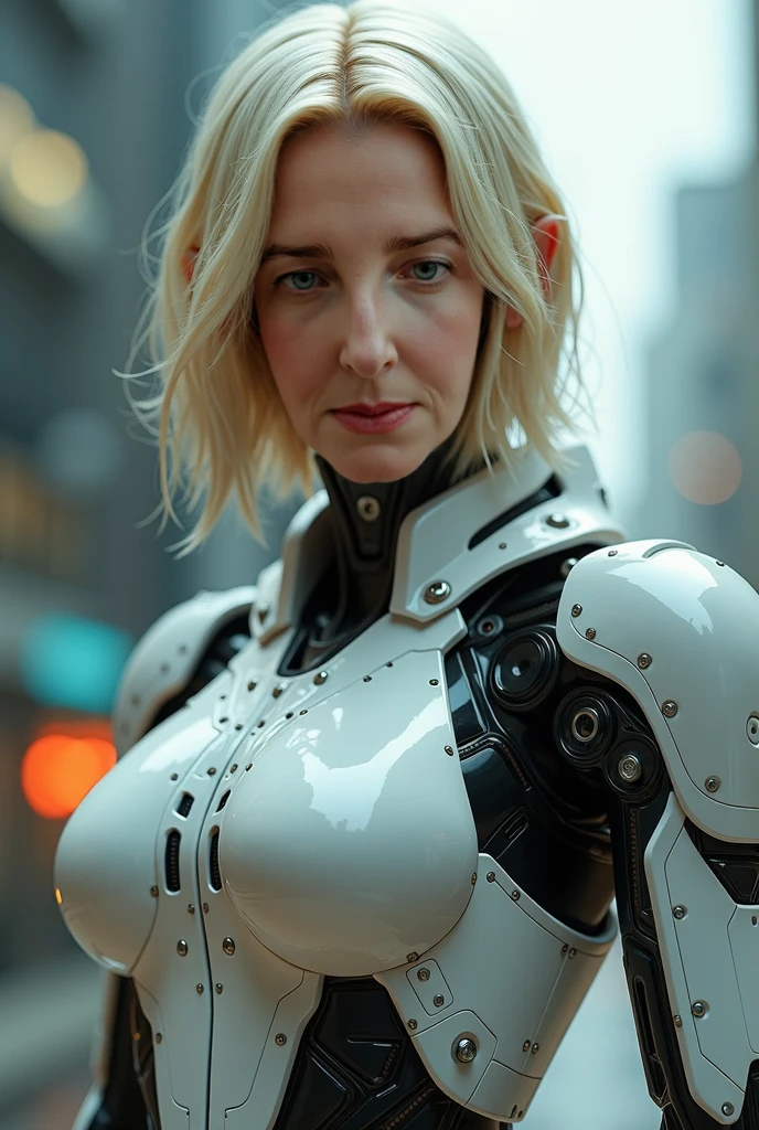 a pretty robot girl with shoulder-length blonde hair and short hair ...