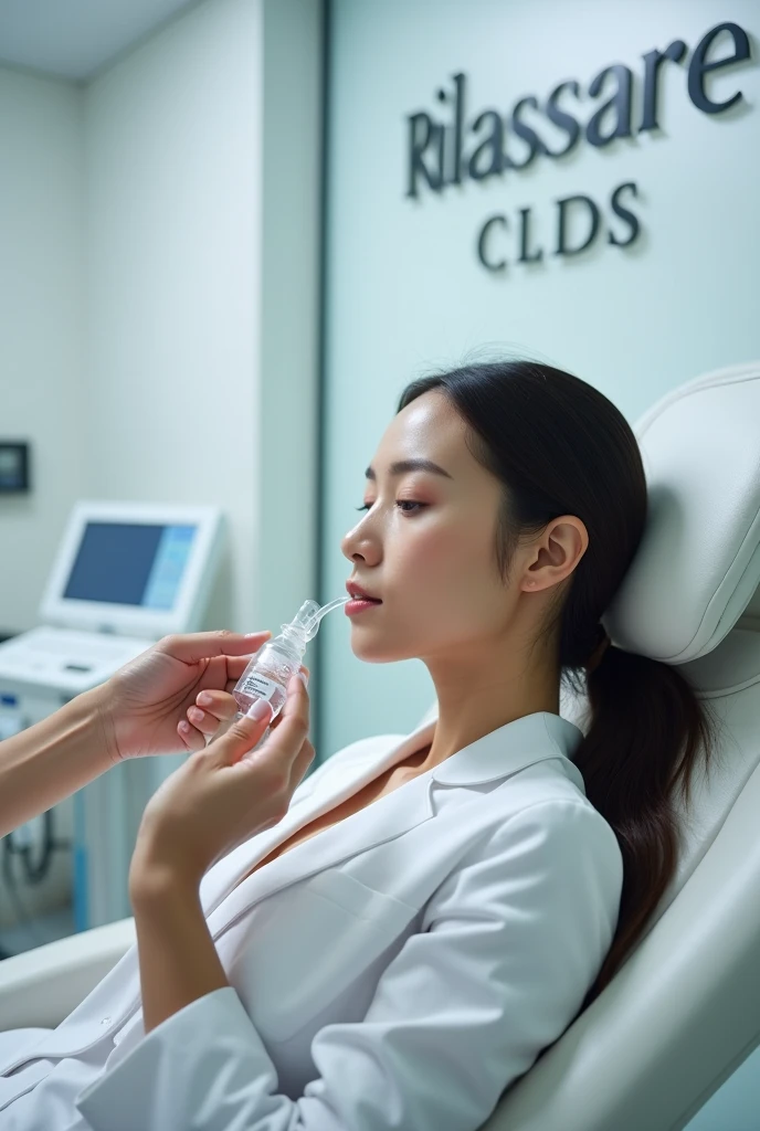 Photo of a woman in a clinic injecting herself with intravenous serum ...