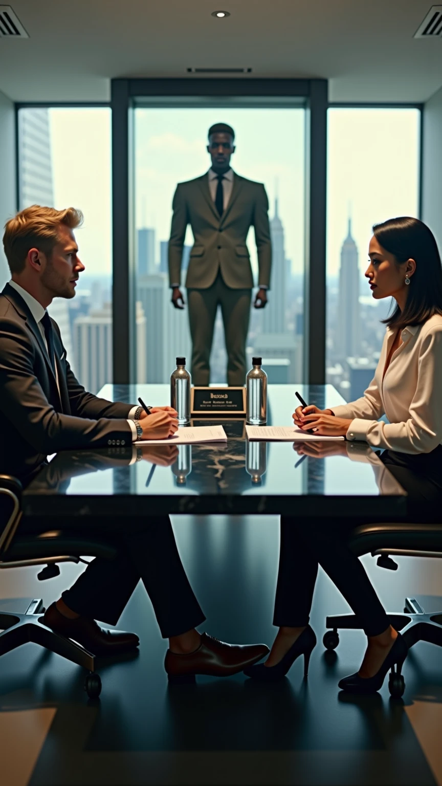 A perfectly symmetrical wide shot of a corporate interview in a ...