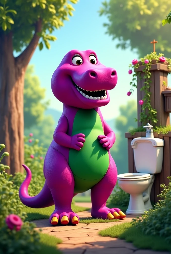 Barney the dinosaur uncovering a bathroom - SeaArt AI
