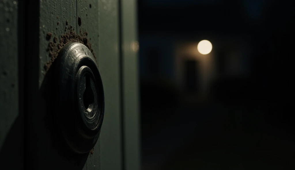 "A close-up view of a peephole of the front door at night from inside ...
