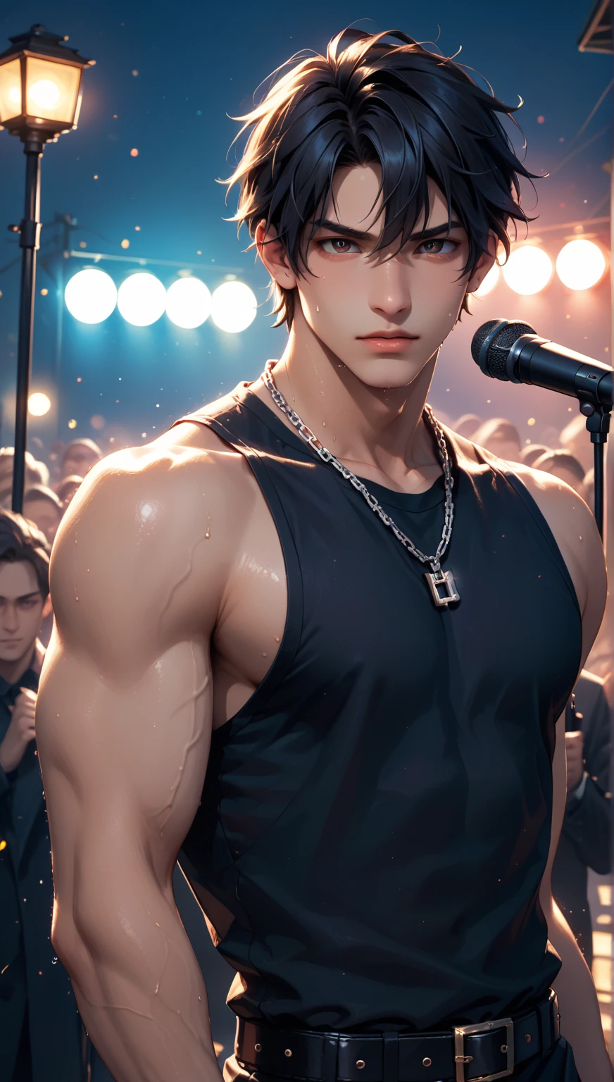 Aki, the lead singer of Shadowplay, captured mid-performance on a dimly ...
