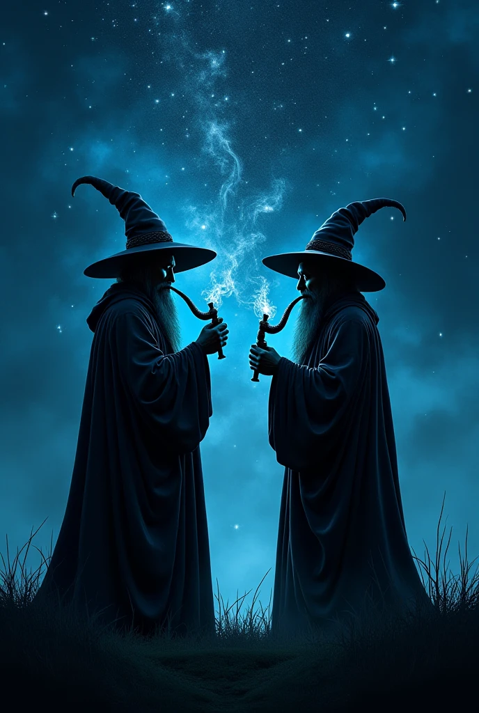 Two dark fantasy wizards smoking a pipe on a hill under the beautifully glowing - SeaArt AI