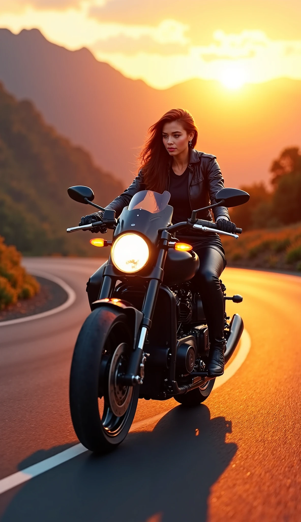 Woman riding a motorcycle on a road at sunset - SeaArt AI