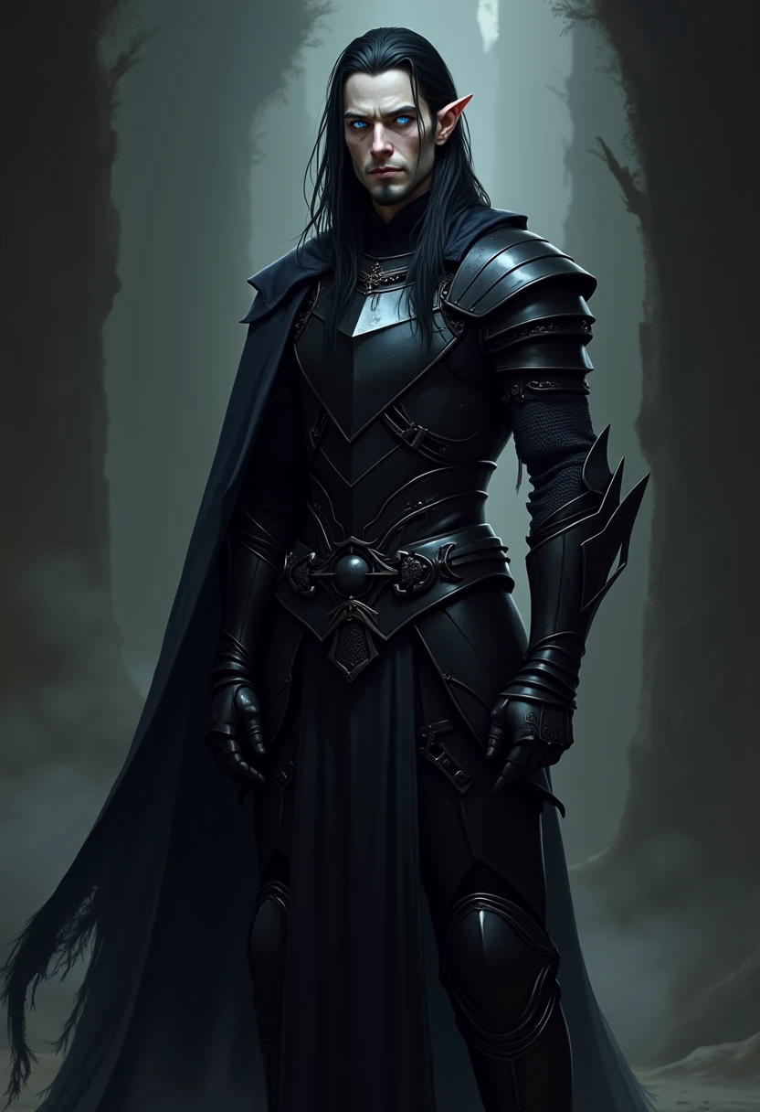A full-body portrait of a male elf dark knight in the style of Dungeons ...