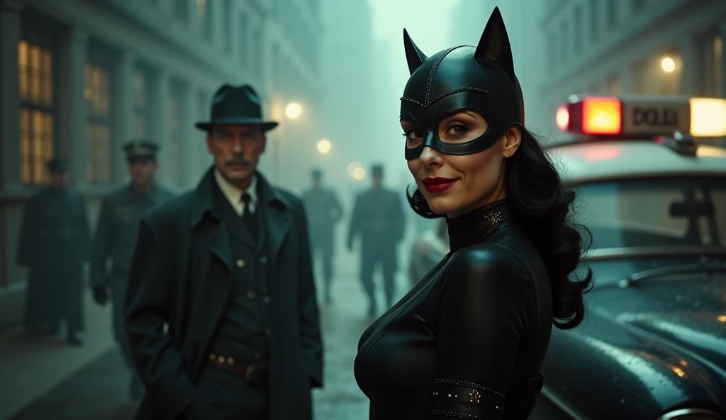 A classic Gotham police cruiser screeches to a halt, casting a ...