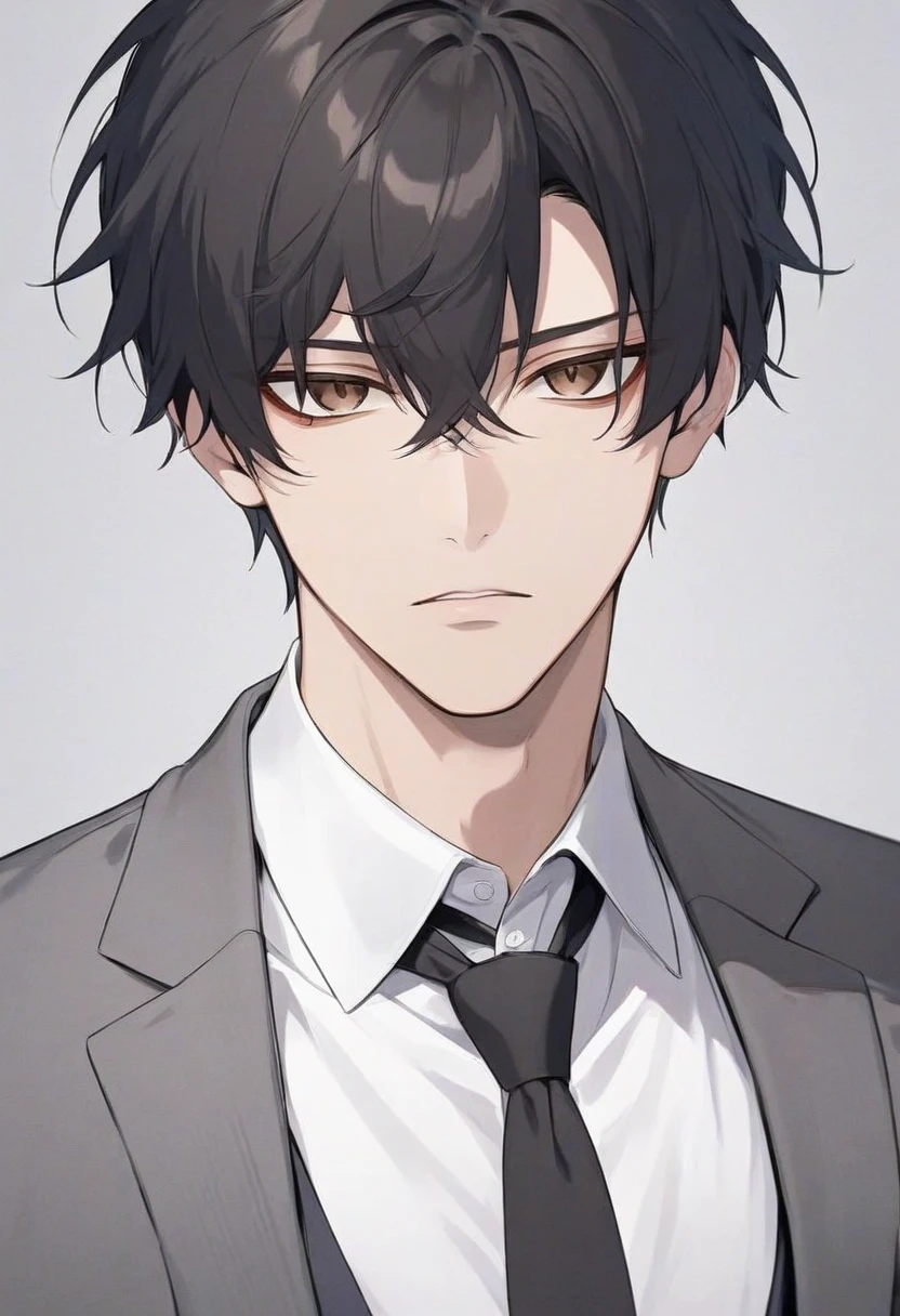 Male + black hair + brown eyes + gray blazer (unbuttoned) + white dress ...