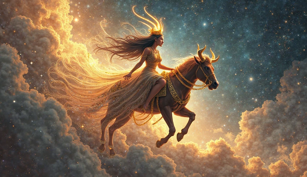 Hathor riding through the heavens in a celestial chariot, her warm energy spread - SeaArt AI