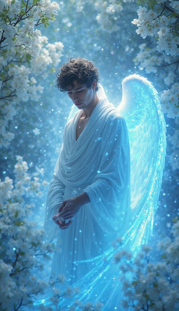 Realistic image of a male angel wrapped in bright blue light standing ...