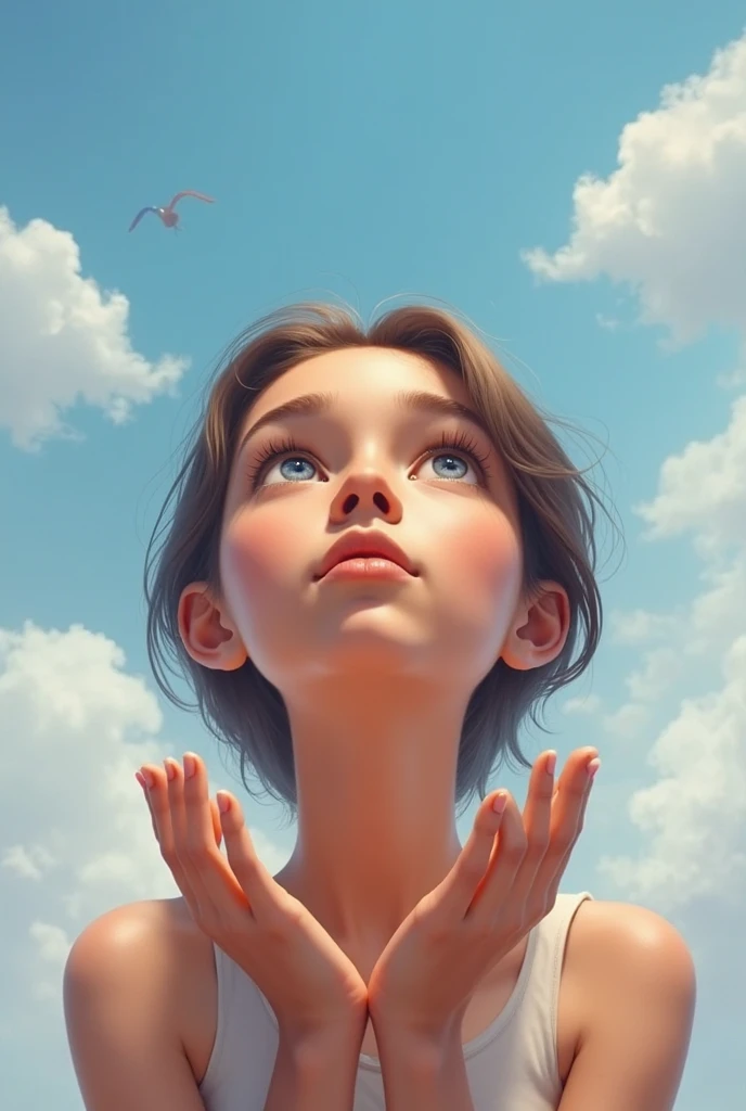 A person looking at the sky, eyes filled with hope and anticipation ...