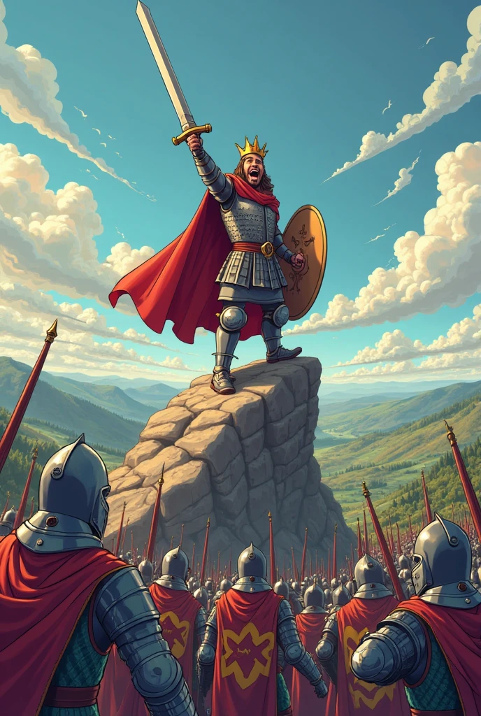 Create a cartoon-style image, with a king on top of a rock pointing a ...
