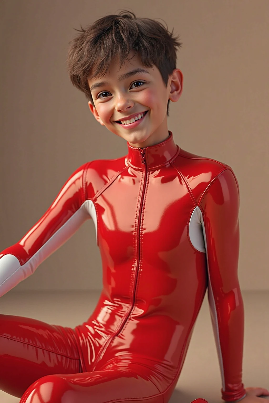 German boy , , wears a red white full body letex suit, photorealistic ...