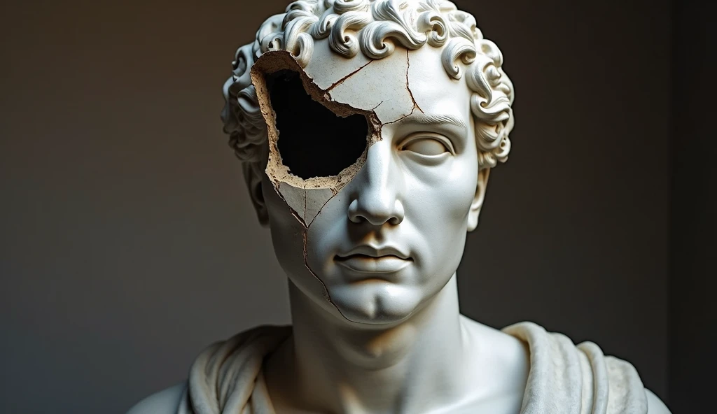 The Stoic and the Shattered Mask "A marble Stoic statue with half of ...