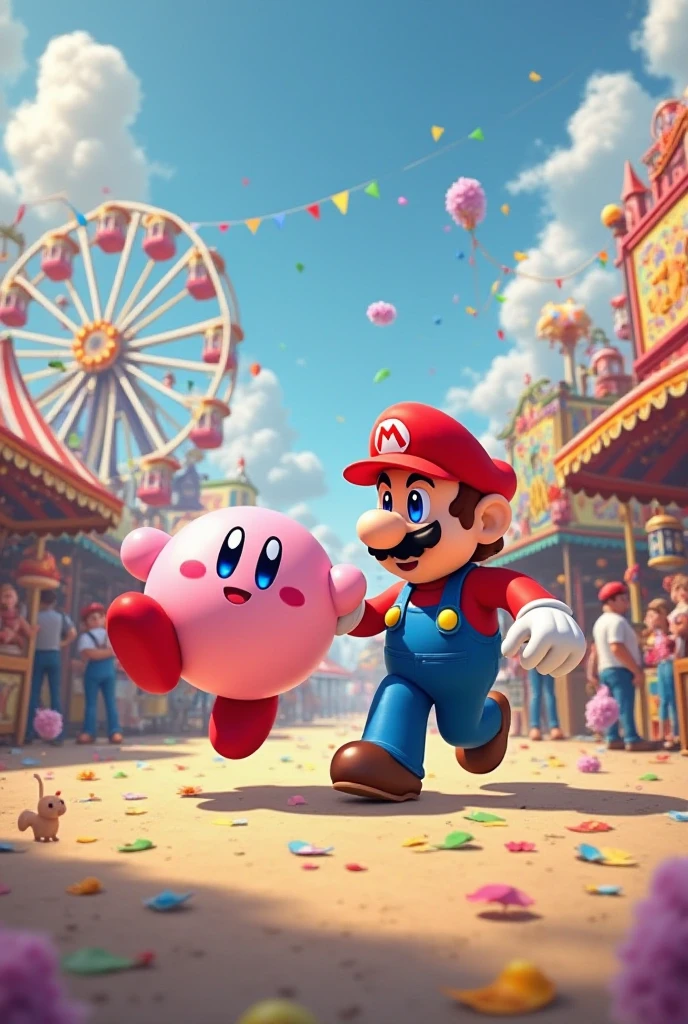 Kirby and Mario go to the fair together. - SeaArt AI