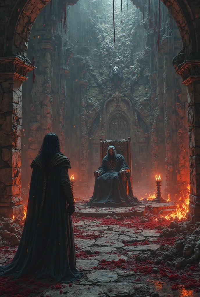 The ruined throne hall, the walls are cracked and stained with blood ...