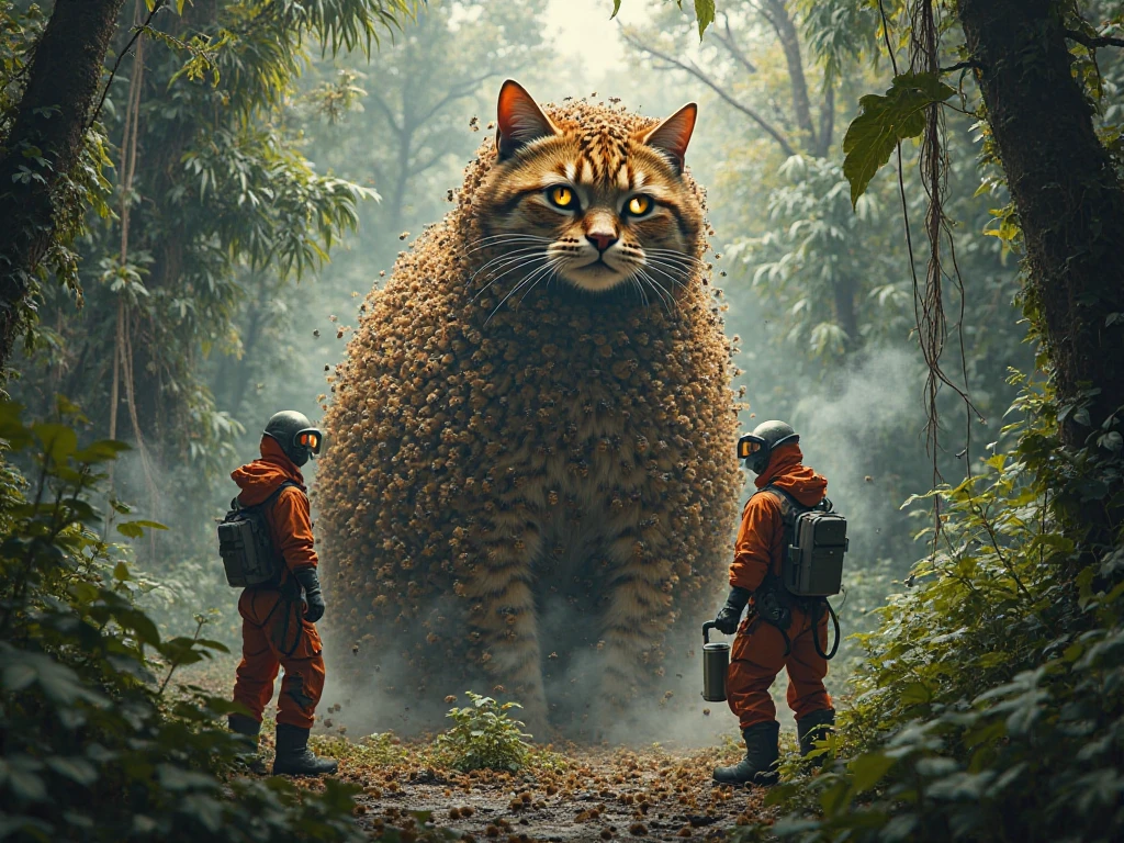 "In the middle of a dense jungle, an orange tabby cat is almost ...