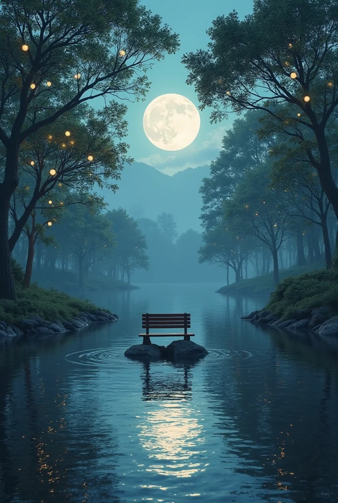 "A tranquil landscape with a river reflecting the moon, surrounded by ...