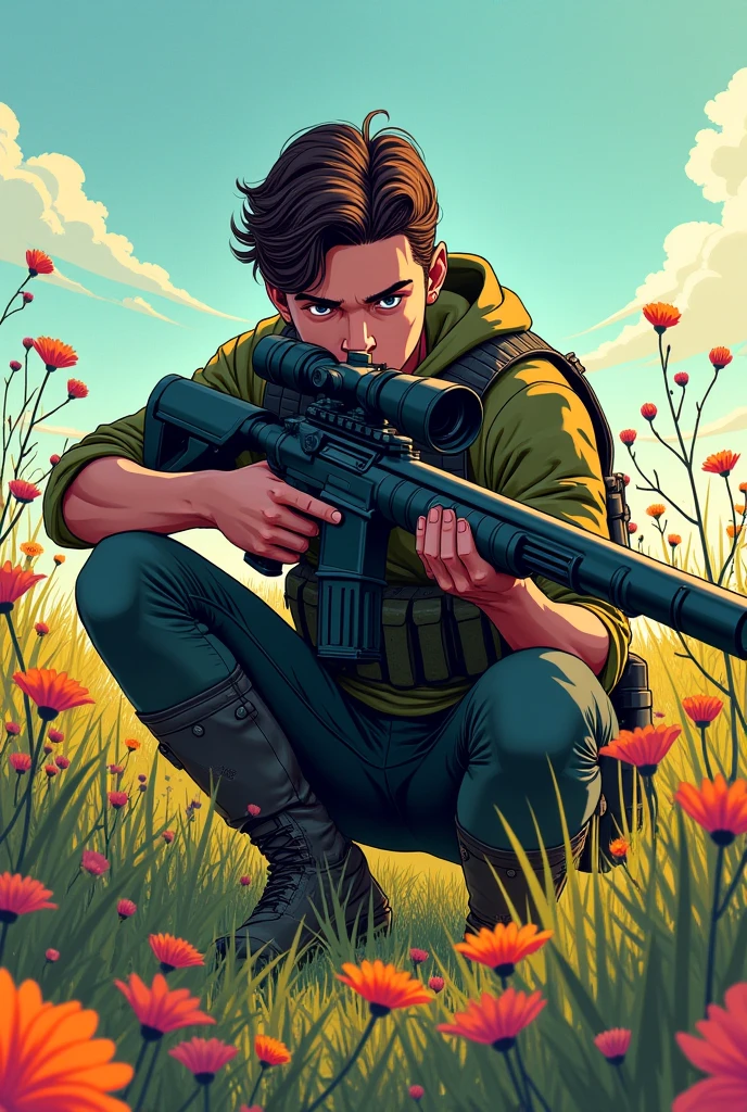 Marvel Comic Style, Young man with sniper in flowery field, Crouching ...