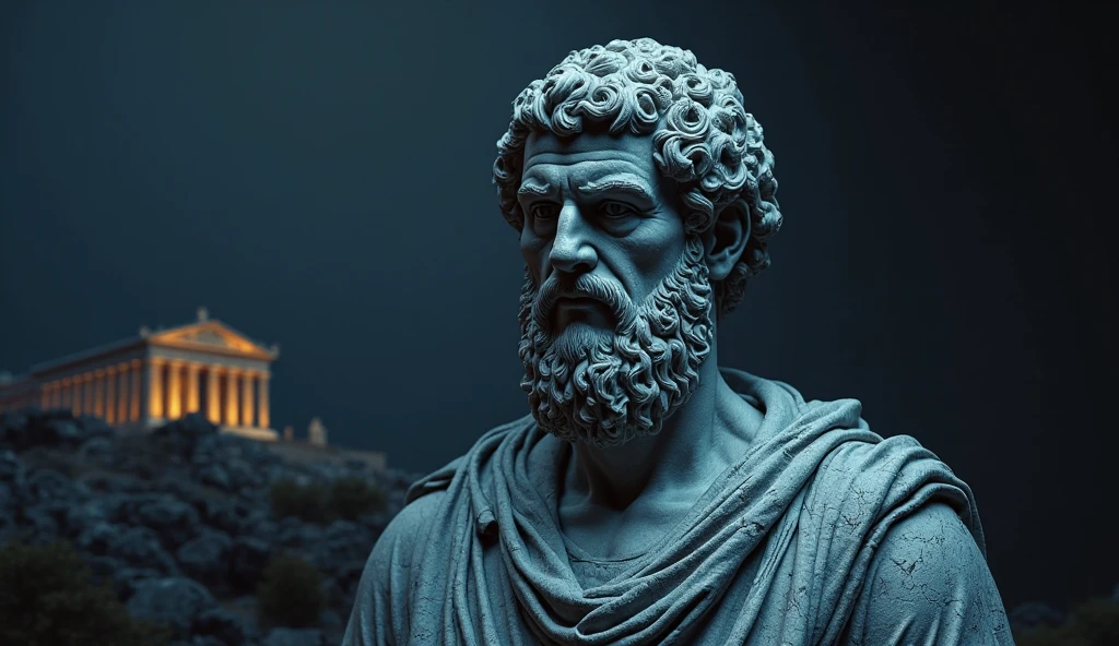 Create a striking image of a statue of a classical Greek philosopher ...