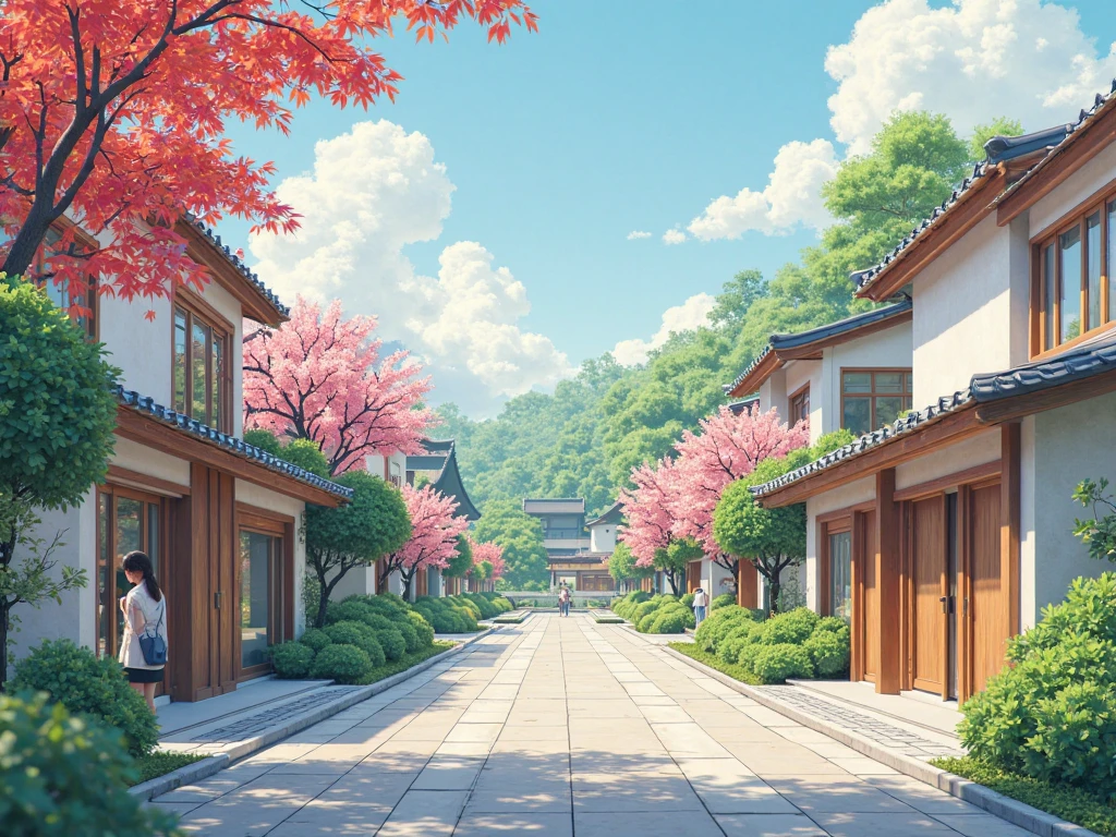 Create a street with modern Japanese houses, Japanese trees on ...
