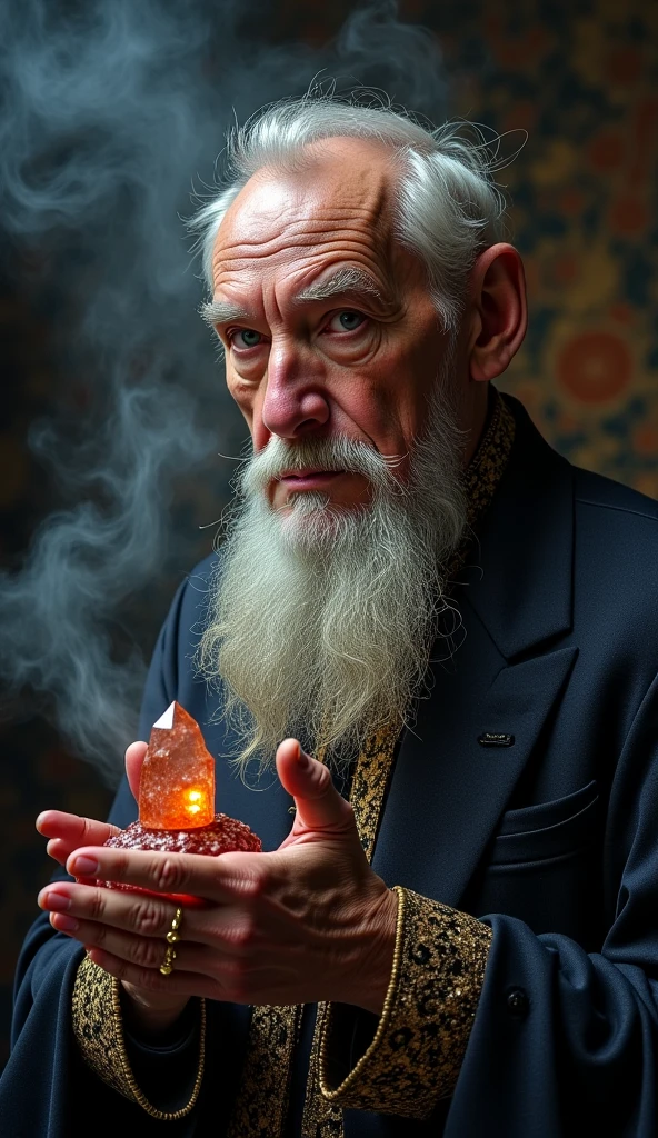 Elderly man, mysterious ar, elegant, similar to a wizard , crystals ...