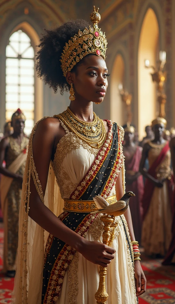 A majestic African empress standing in a grand ceremonial hall - SeaArt AI