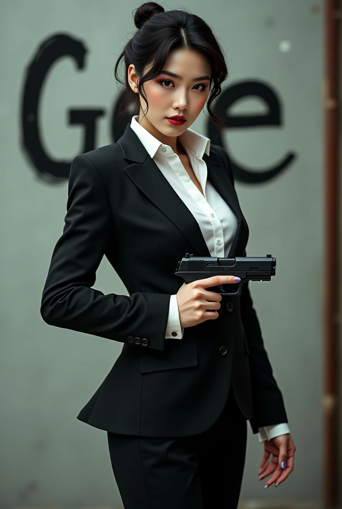 Korean looking girl wearing mafia boss outfit while holding a gun with ...